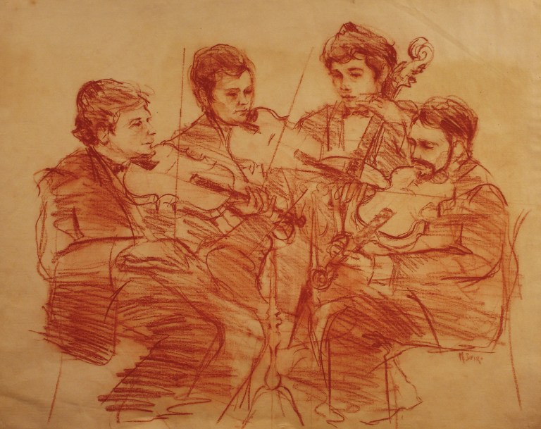Drawing: “String Quartet” (Red Conte Chalk On Toned Paper) | Maurice Sapiro